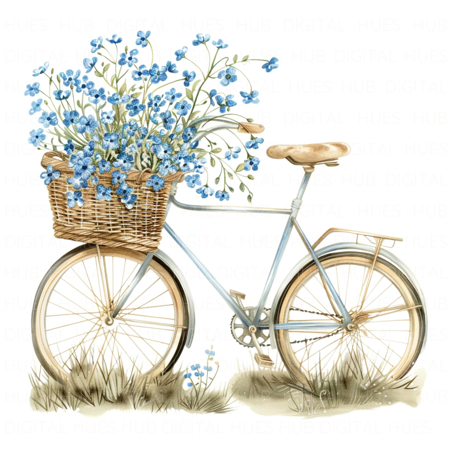 10 Floral Bicycle Clipart Bundle Watercolor Forget Me Not Printable ...