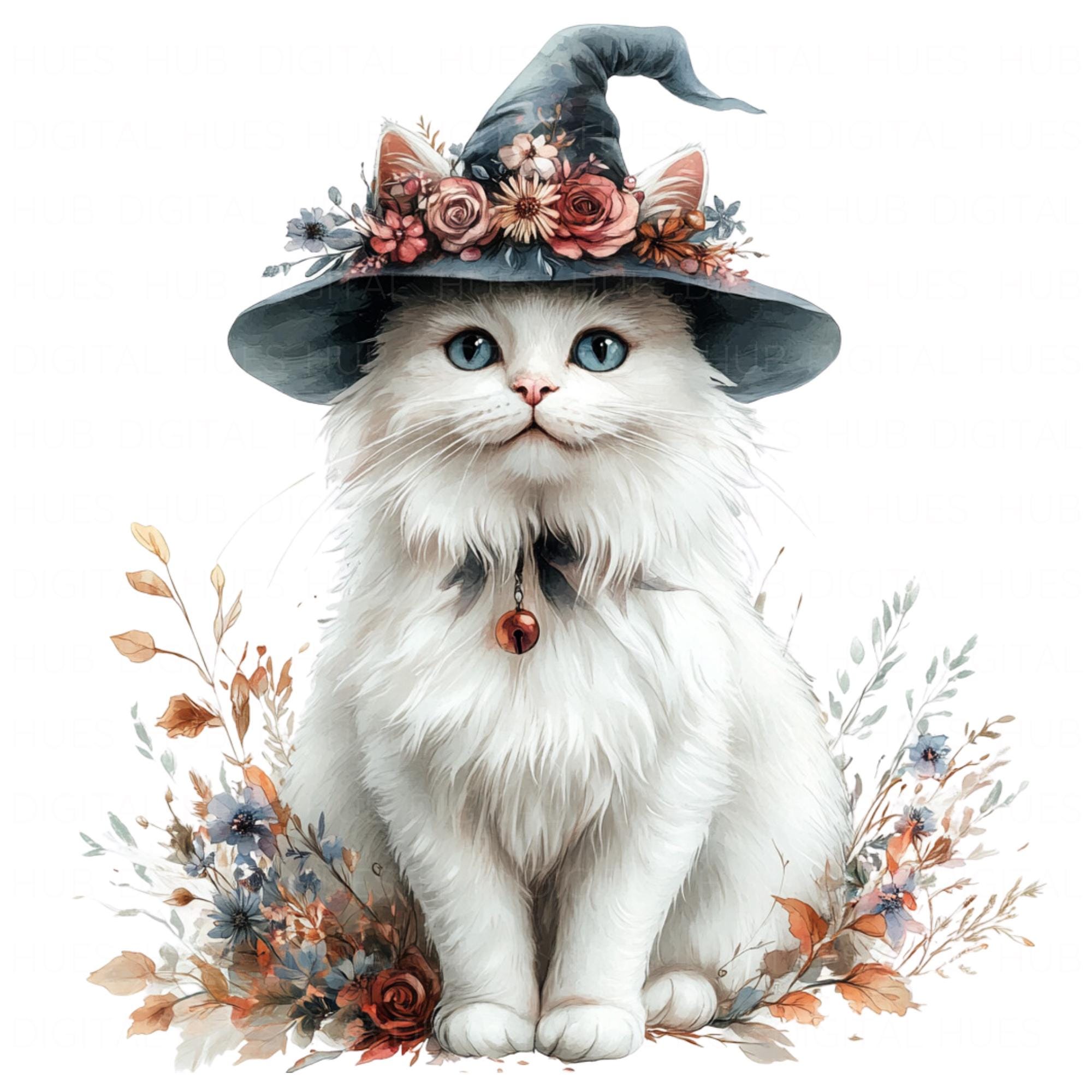 15 Halloween Cat Clipart Watercolor White Cat With Witch Hat Clipart ...