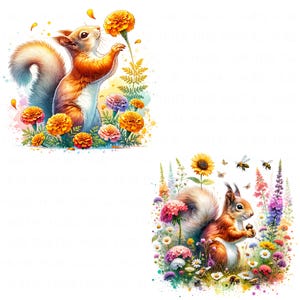 10 Floral Squirrel Clipart Watercolor Cute Nursery Squirrel Autumn ...