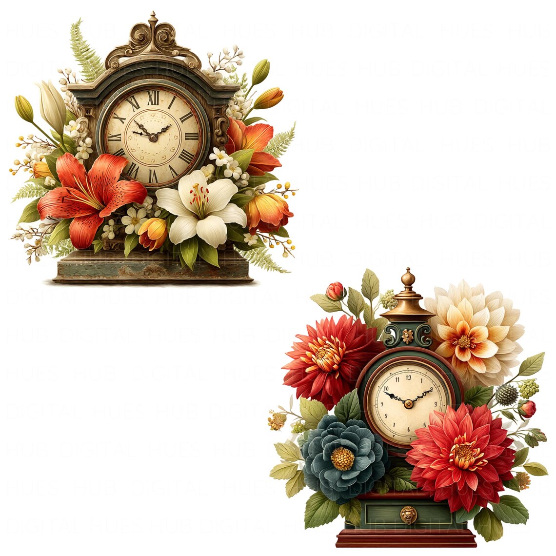 13 Floral Vintage Clock Clipart Watercolor Antique Mantel Clock Wall ...