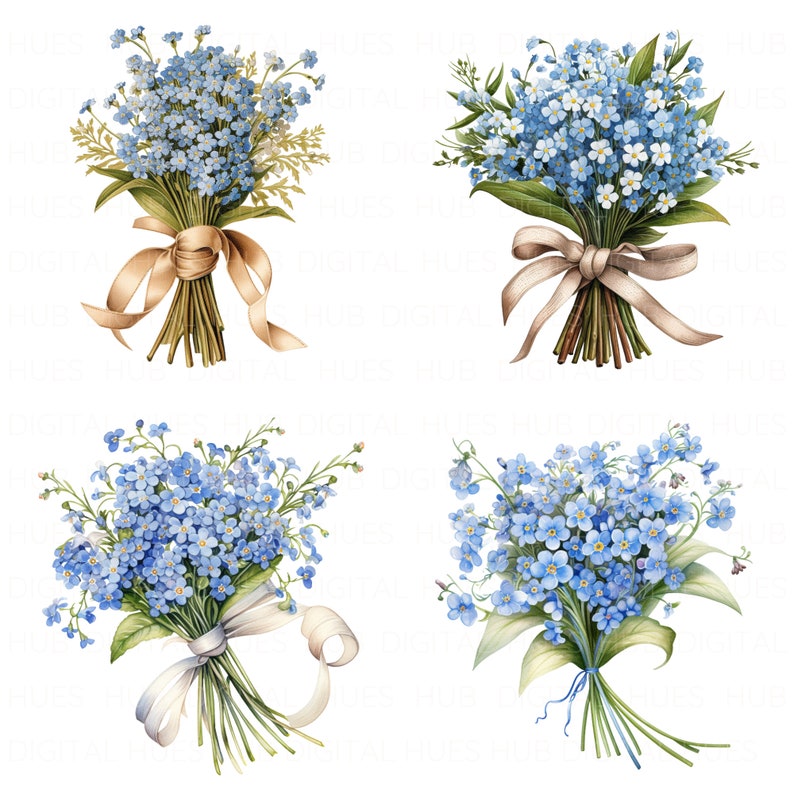 12 Forget Me Not Bouquet Clipart Bundle Watercolor Blue Flowers Clipart ...