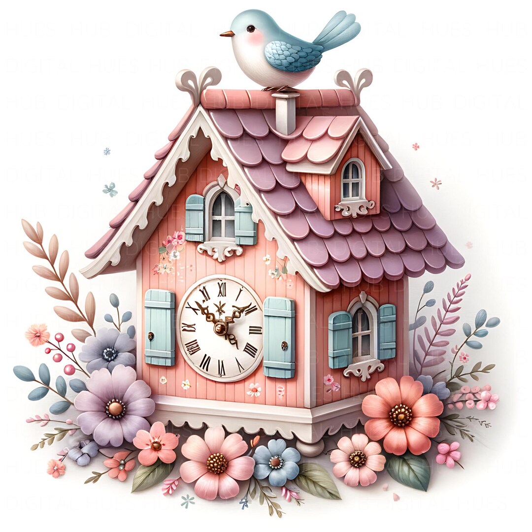 10 Floral Cuckoo Clock Clipart Watercolor Vintage Wall Clock Art ...