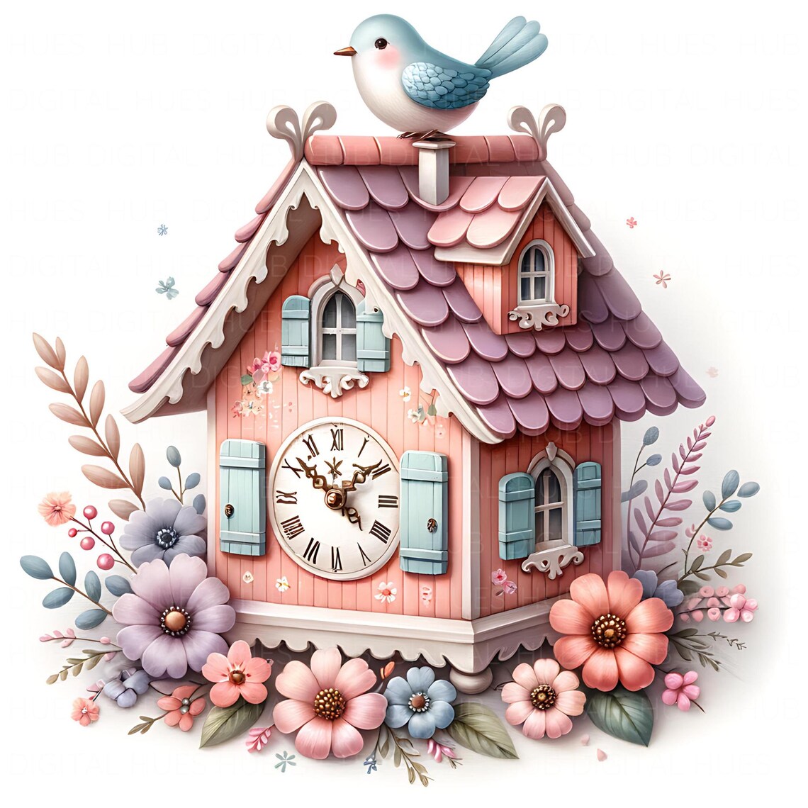 10 Floral Cuckoo Clock Clipart Watercolor Vintage Wall Clock Art ...