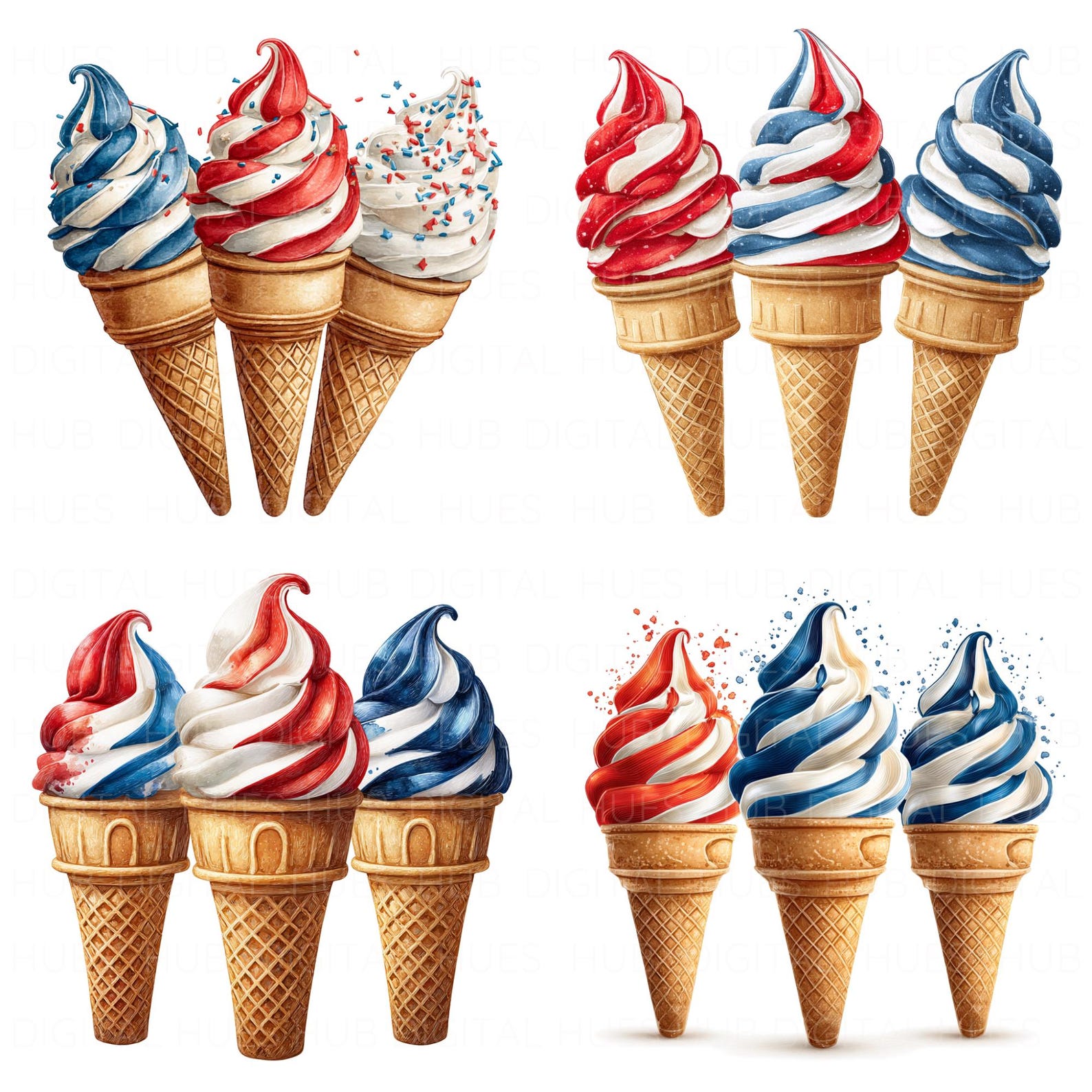 13 Patriotic Ice Cream Clipart Watercolor Red White Blue Celebration ...