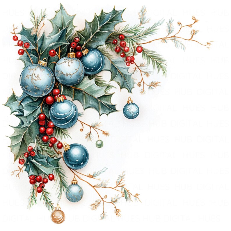 15 Holly Leaves and Baubles Clipart Watercolor Christmas Bauble ...