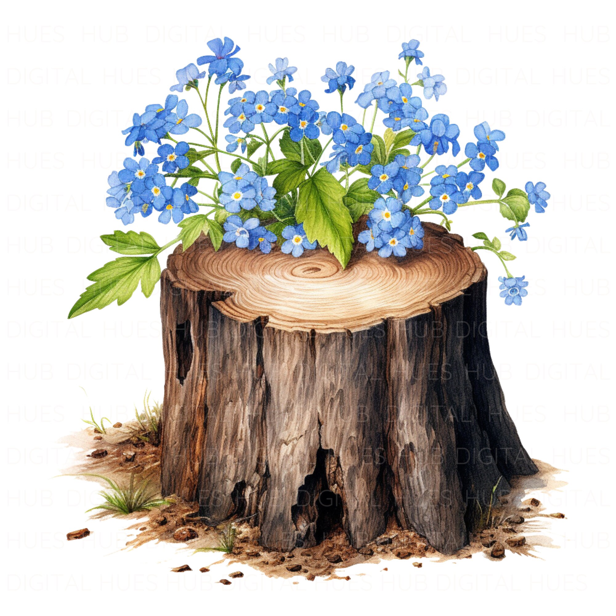 15 Floral Tree Stump Clipart Bundle Watercolor Forget Me Not Printable ...