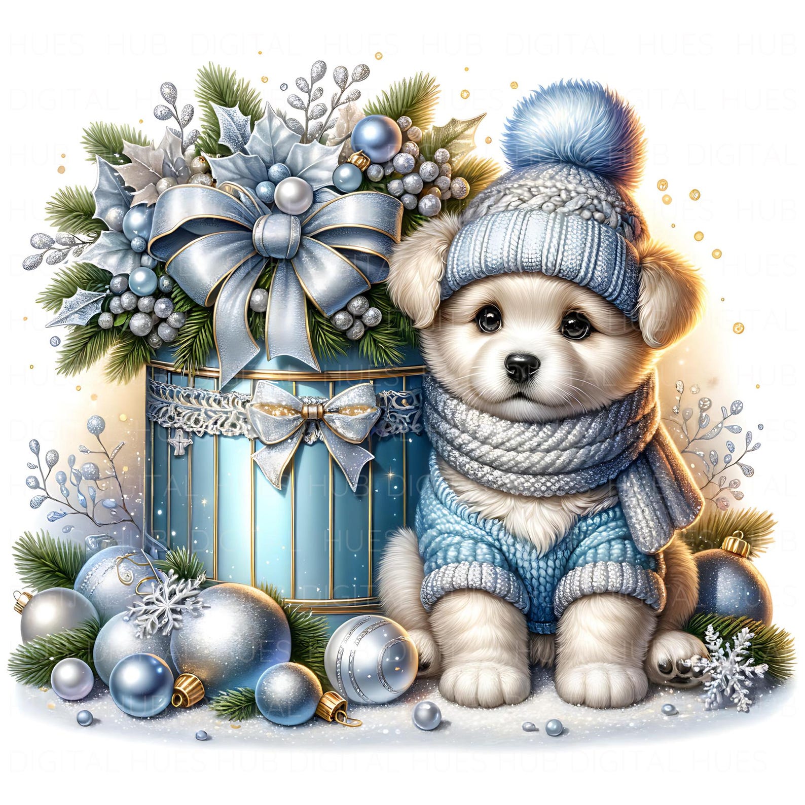 12 Blue Christmas Puppy Clipart: Watercolor Winter Animal Graphics JPEG ...