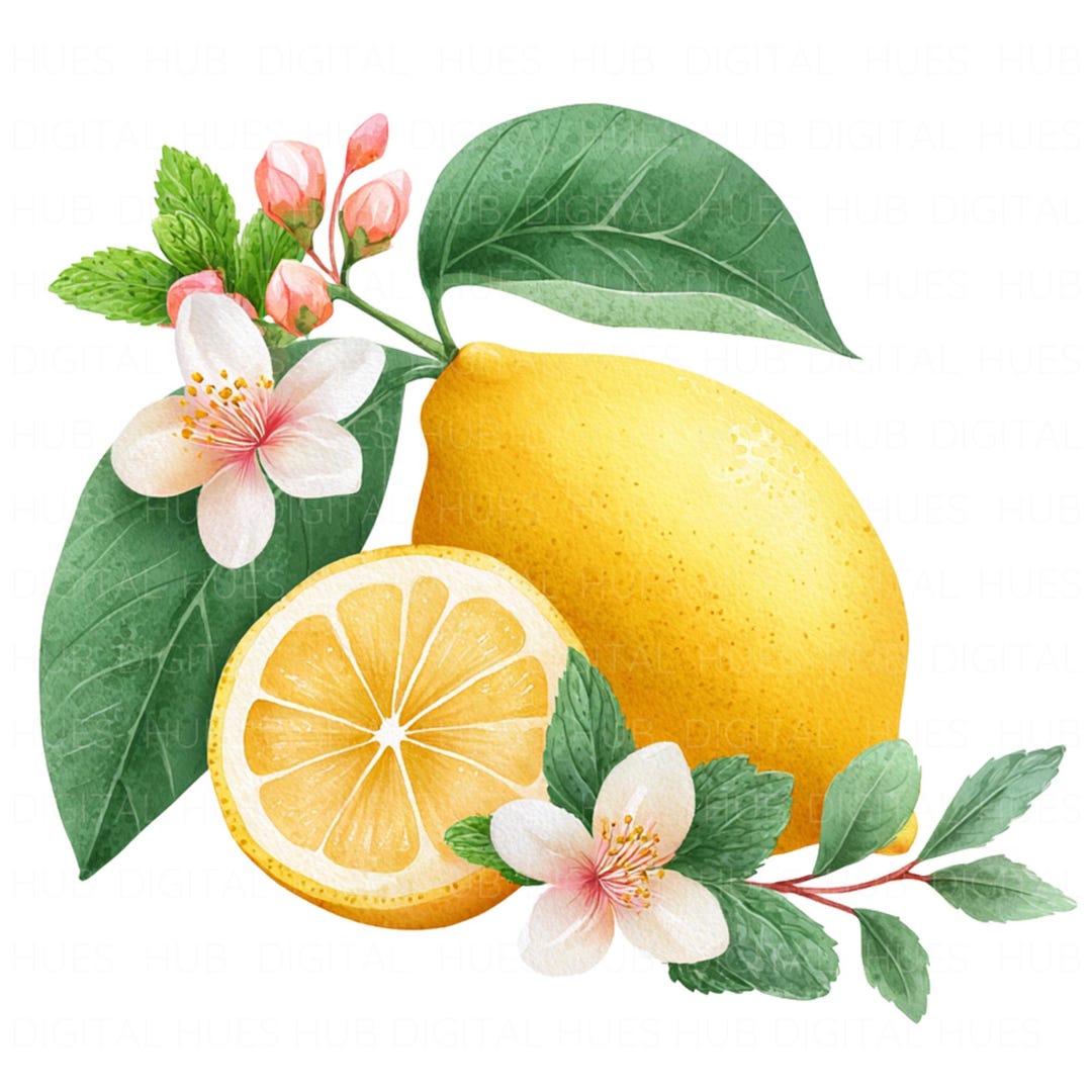 21 Summer Lemon Clipart Watercolor Citrus Fruit Floral Lemon ...
