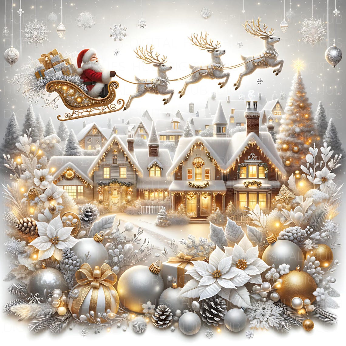 11 Santa Sleigh and Reindeer Clipart: Watercolor Snowy Holiday Village ...