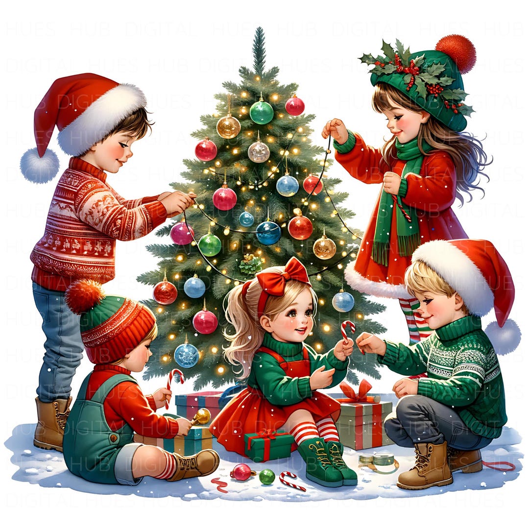 10 Christmas Kids Clipart: Watercolor Cute Children Decorating ...