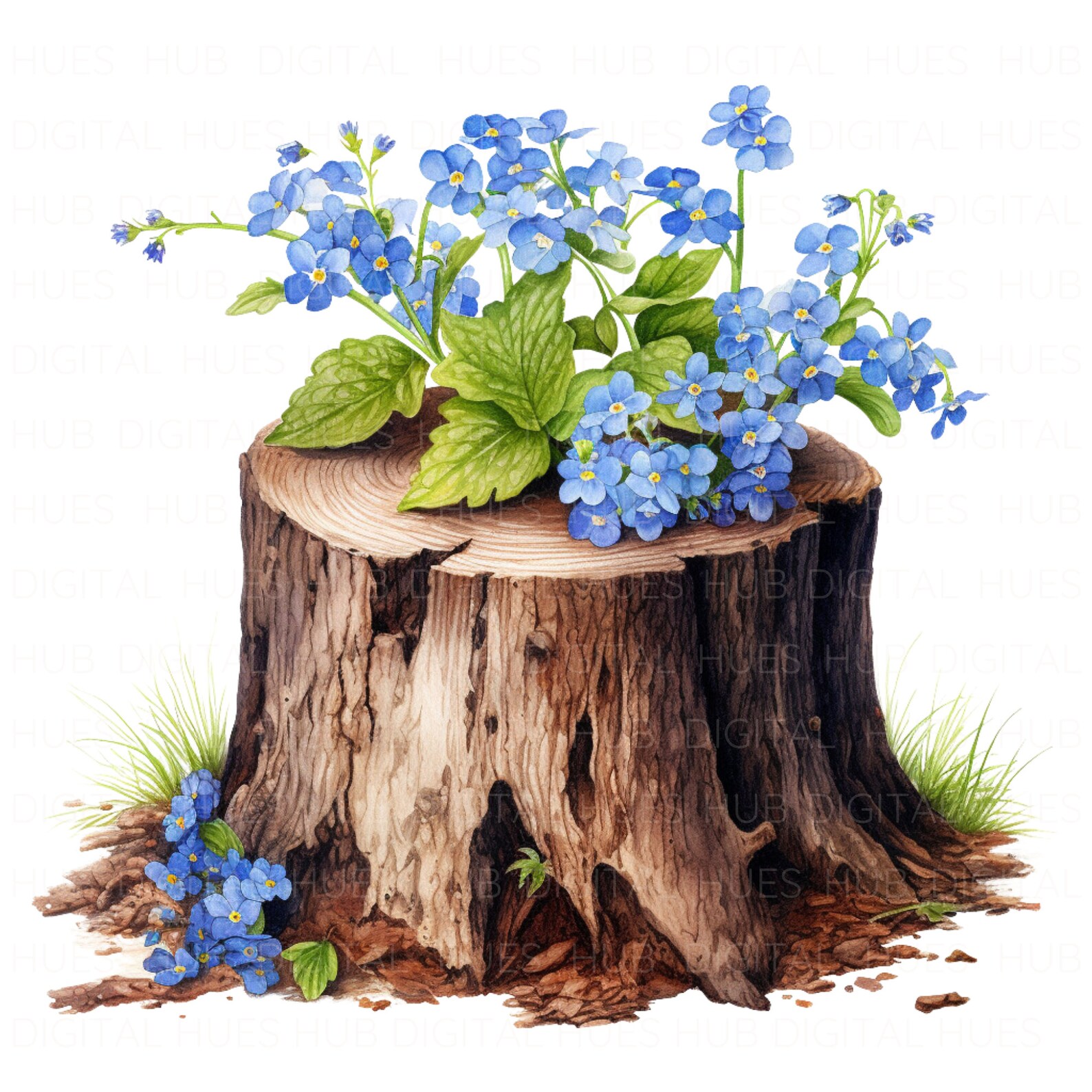 15 Floral Tree Stump Clipart Bundle Watercolor Forget Me Not Printable ...