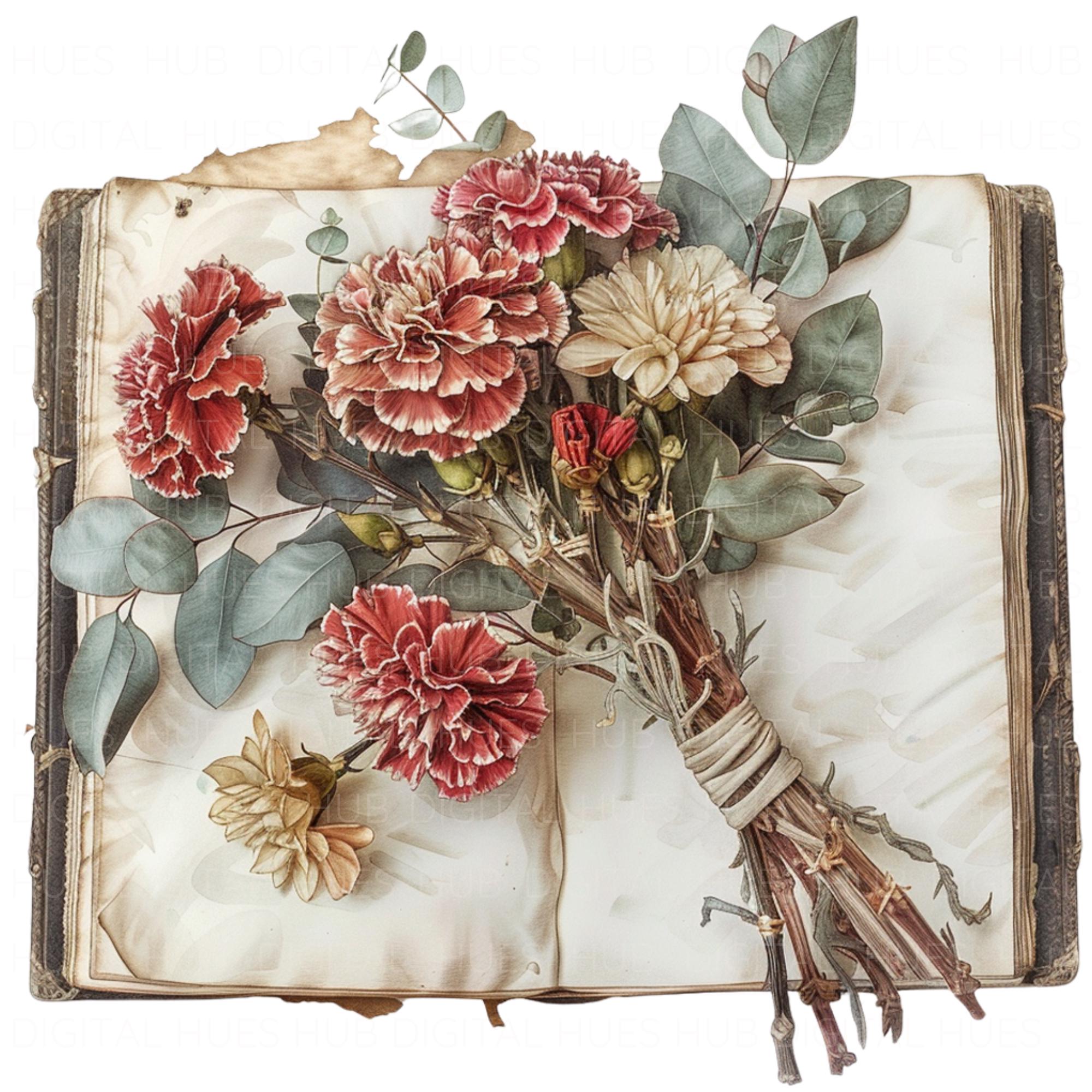 15 Dried Carnation Books Clipart Watercolor Old Floral Magic Book ...