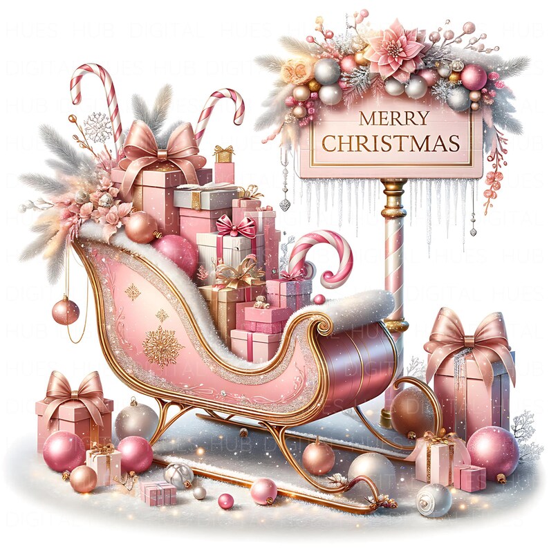 11 Pink Christmas Sleigh Clipart: Watercolor Festive Holiday Graphics ...
