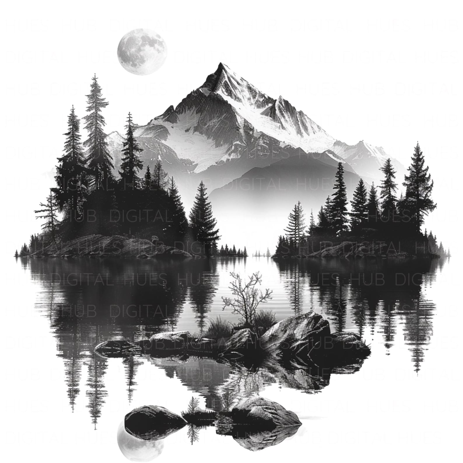 15 Black White Landscape Clipart Bundle Lake Mountain Sketch Clipart ...