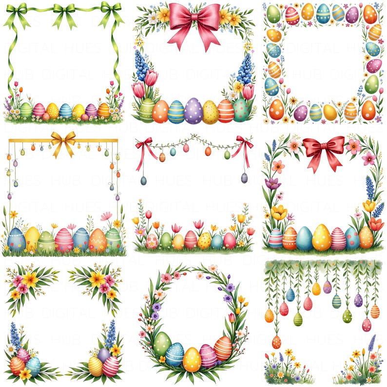 60 Easter Borders Clipart: Watercolor Easter Eggs and Spring Flower ...