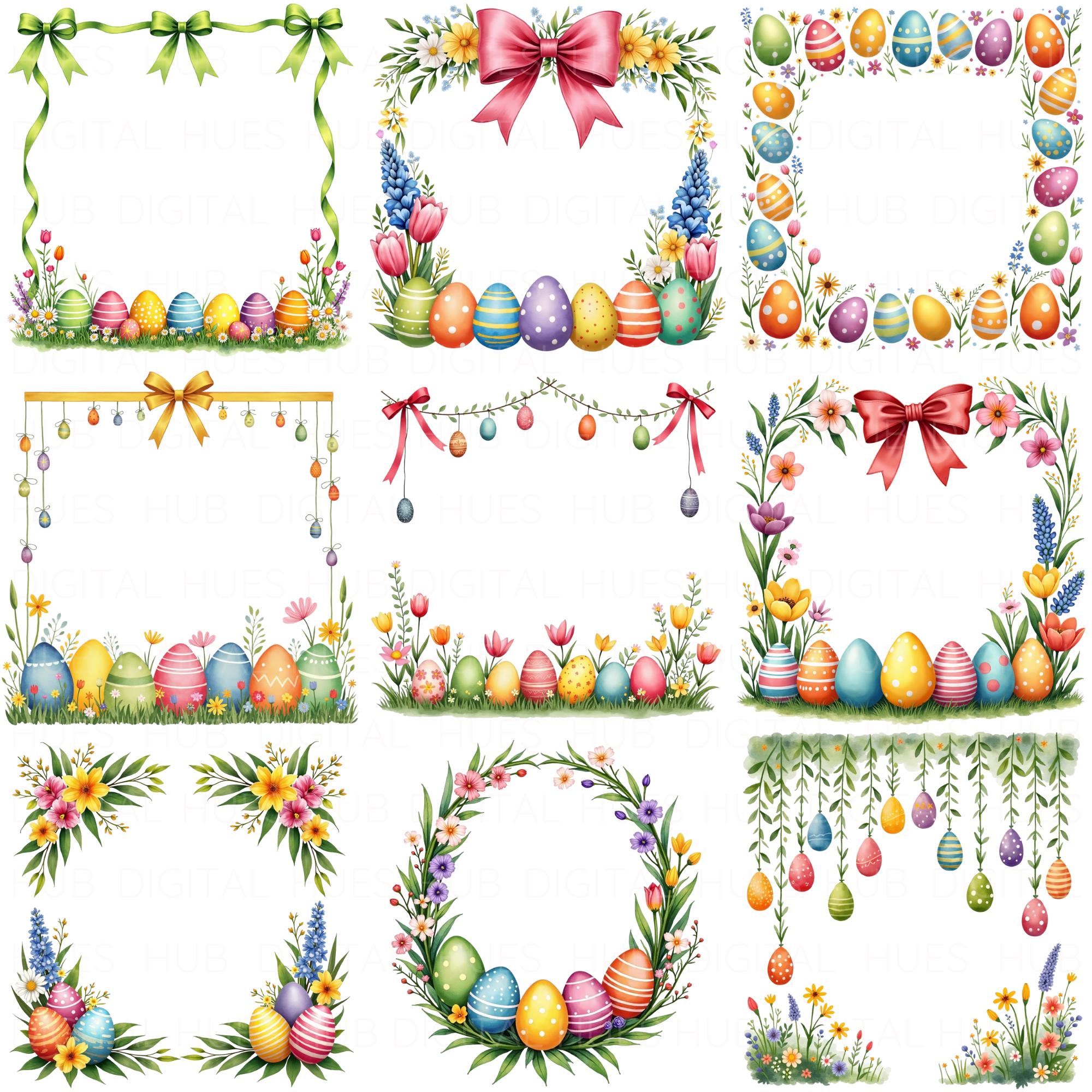 60 Easter Borders Clipart: Watercolor Easter Eggs and Spring Flower ...