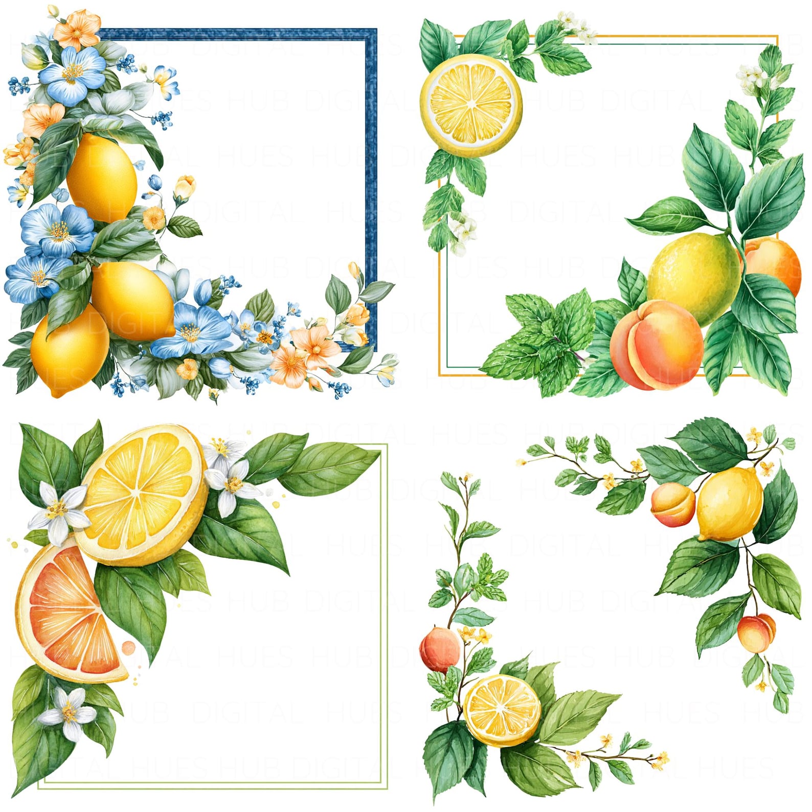 17 Lemon Border Clipart Watercolor Mediterranean Decor Lemon Garland ...