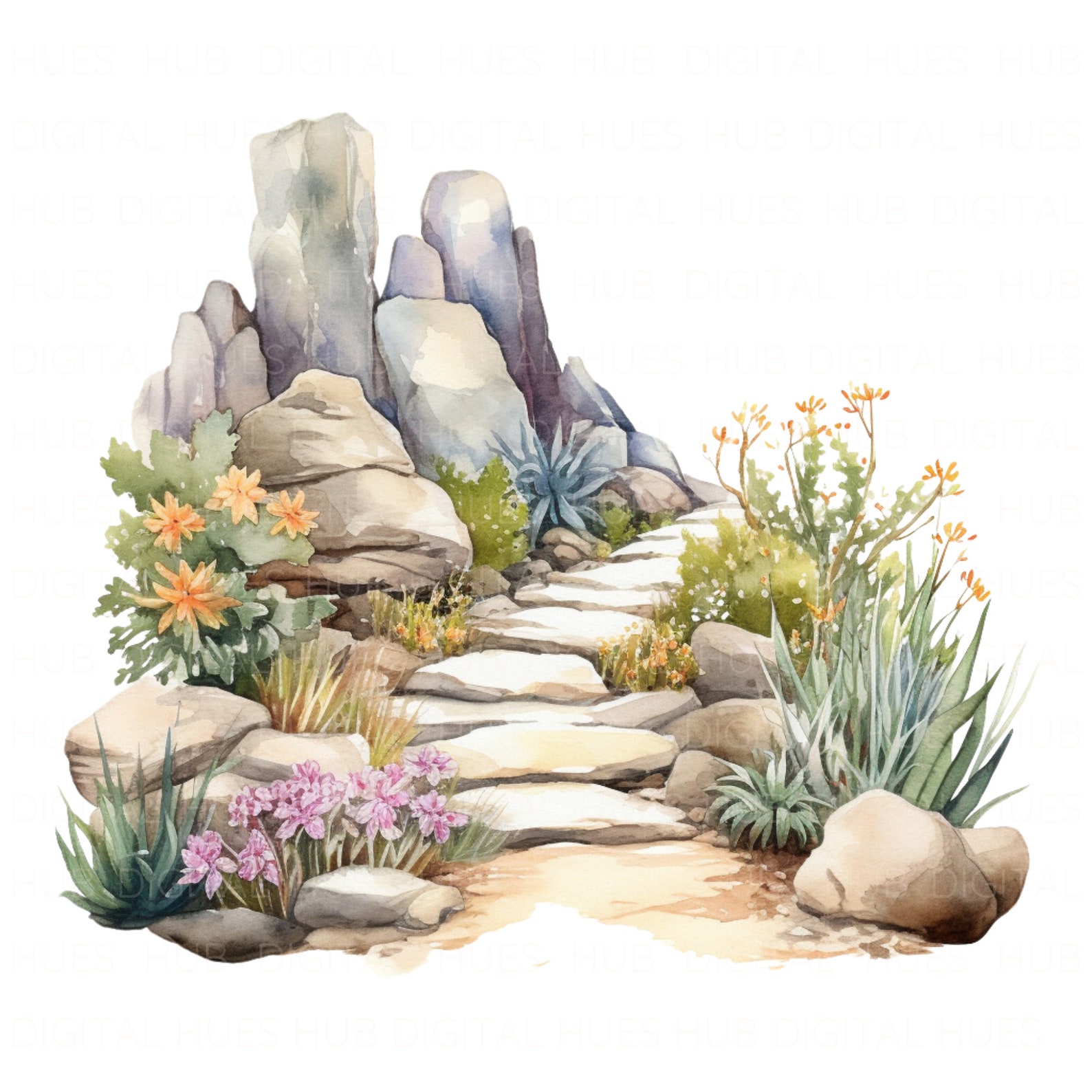 17 Stone Path Clipart Bundle Watercolor Stone Stairs With Plants ...
