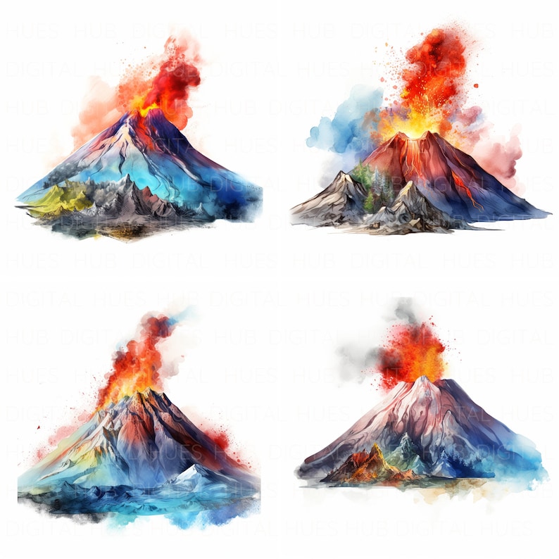 18 Volcano Clipart Bundle Set 1 Watercolor Erupting Volcano Clipart ...
