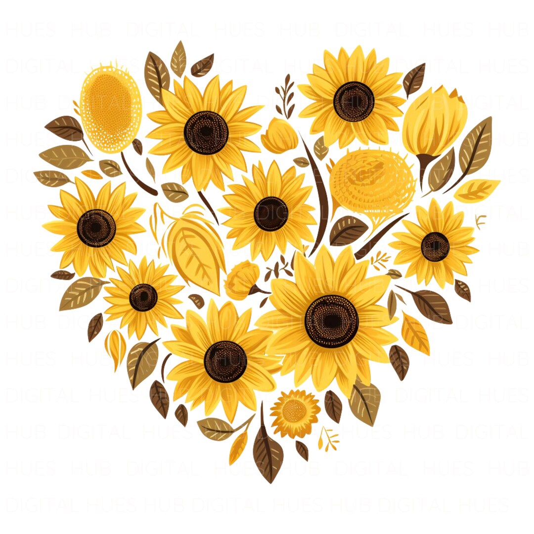 13 Sunflower Heart Clipart Bundle Watercolor Floral Heart Printable ...