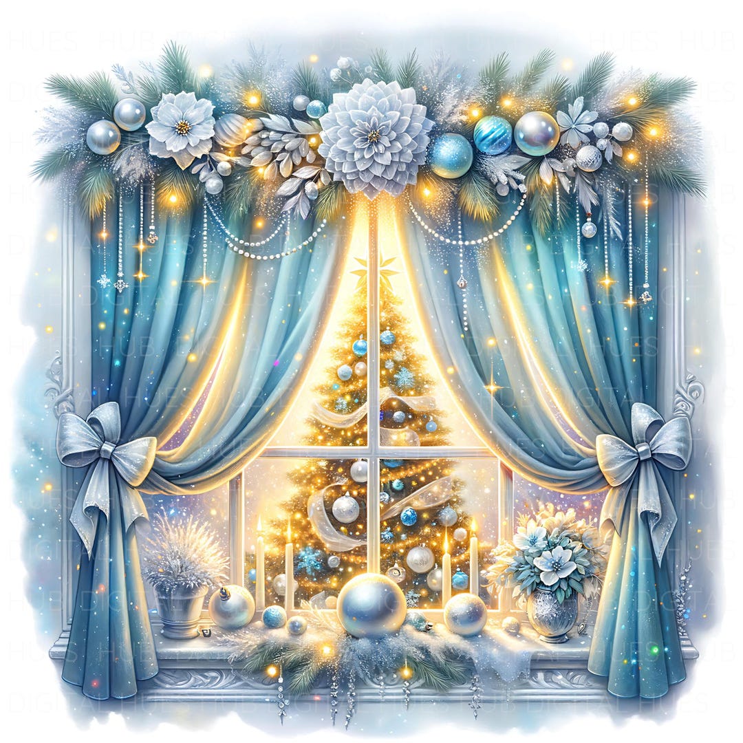 10 Blue Christmas Window Scene Clipart: Watercolor Cozy Winter Village ...