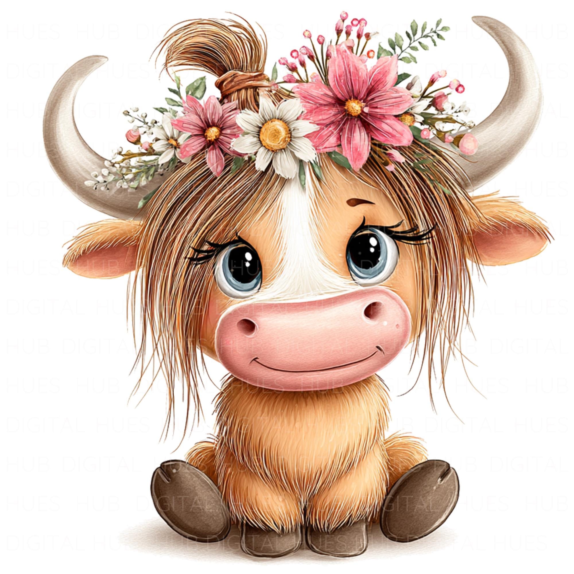 14 Cute Baby Girl Highland Cow Clipart Watercolor Cartoon Baby Cow Art ...