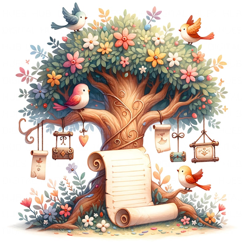 12 Whimsical Enchanted Tree Clipart With Birds and Scrolls Pastel ...