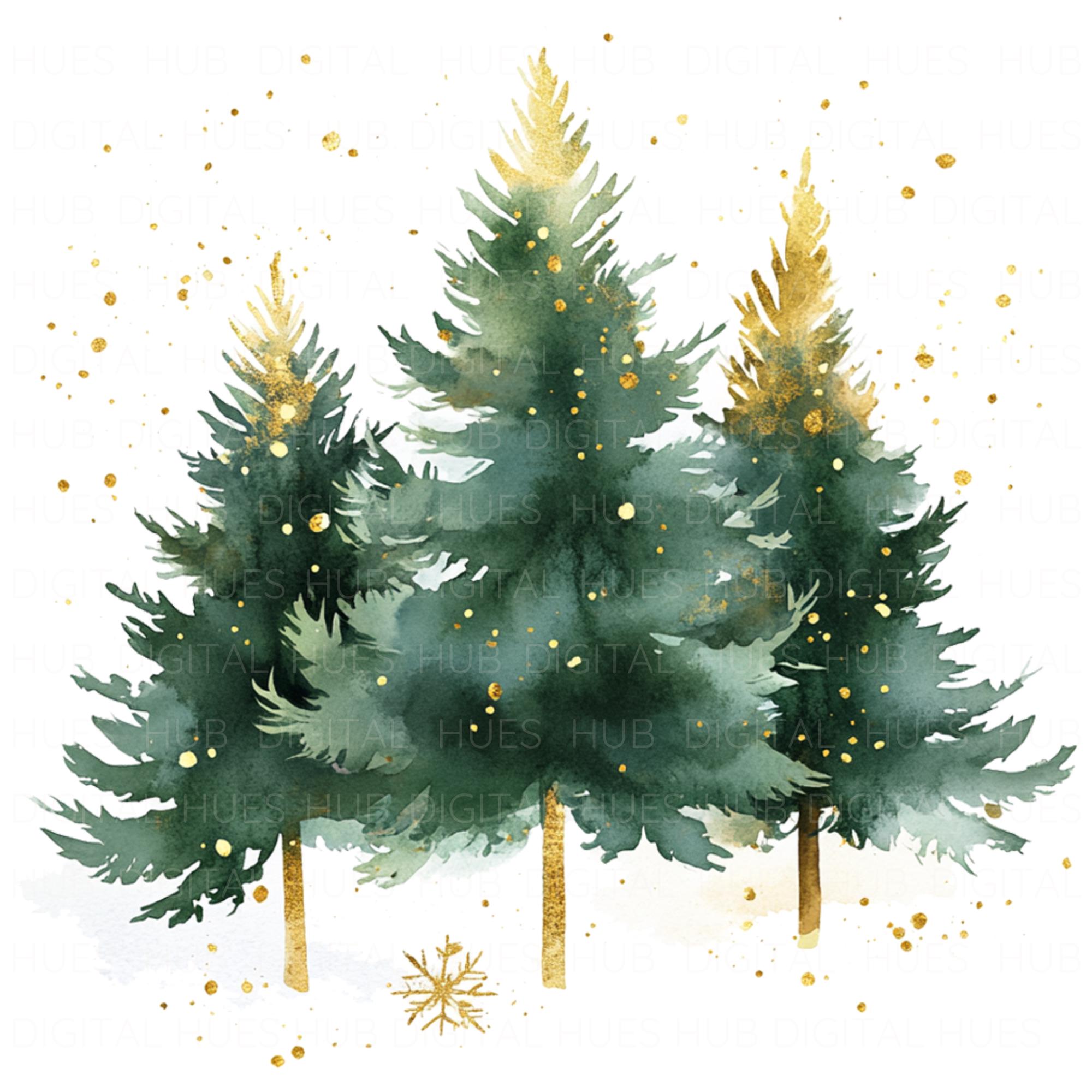 11 Pine Tree Clipart: Watercolor Green & Gold Christmas Tree JPEG ...