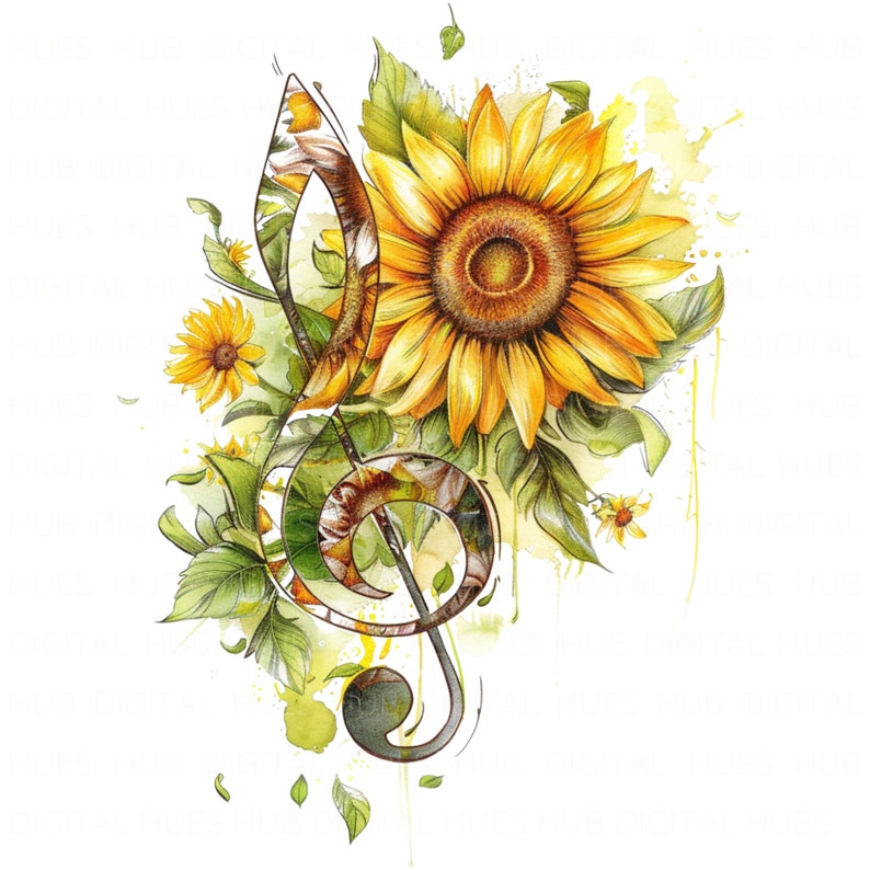 12 Sunflower Music Note Art Clipart Bundle Watercolor Floral Music Note ...