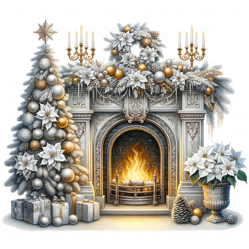 10 White Christmas Fireplace Clipart: Watercolor Elegant Holiday Mantel ...