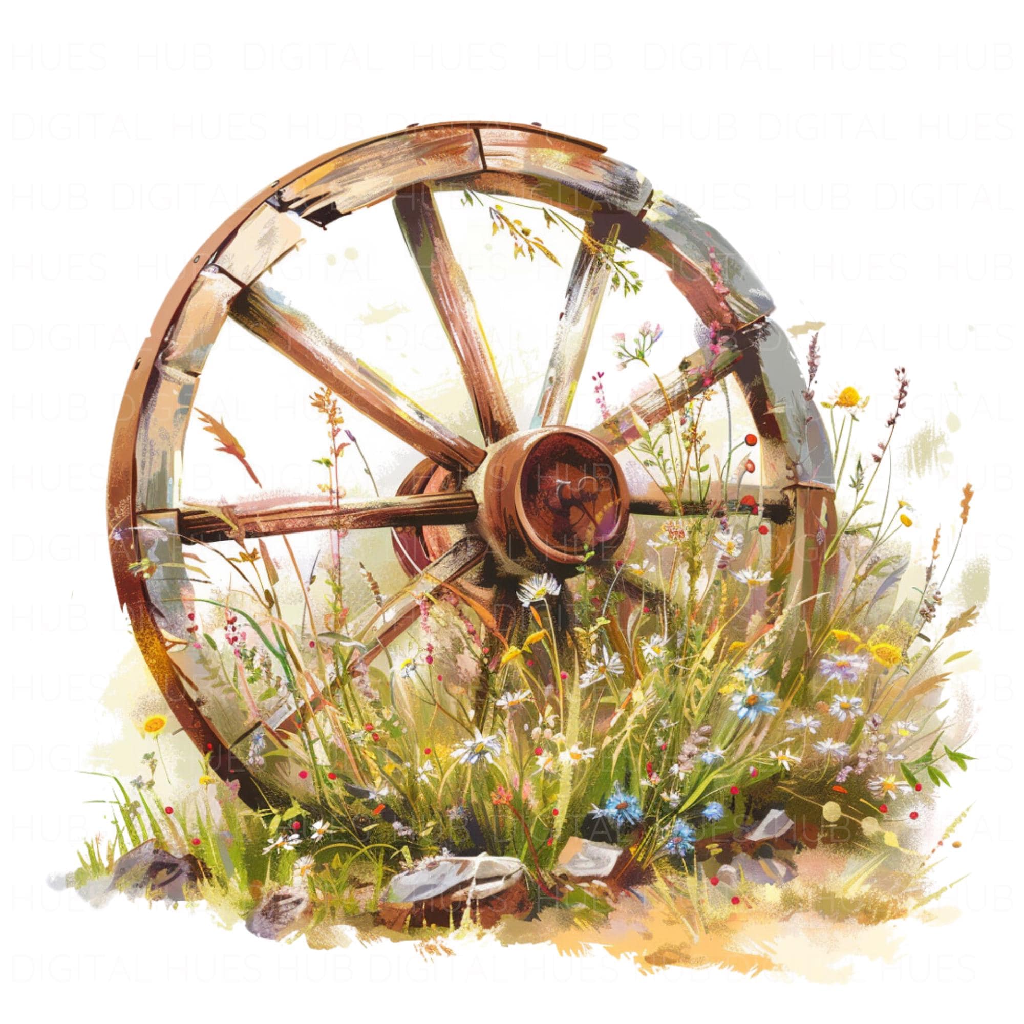 10 Floral Wagon Wheel Clipart Watercolor Floral Wooden Wheel Cart Wheel ...