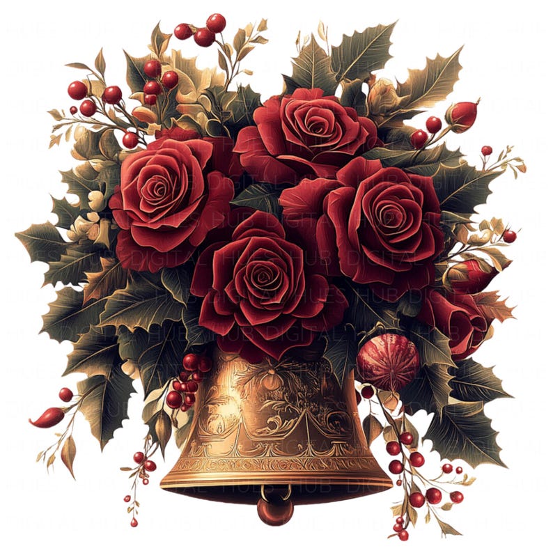 12 Floral Christmas Bell Roses Clipart Watercolor Holiday Graphics ...