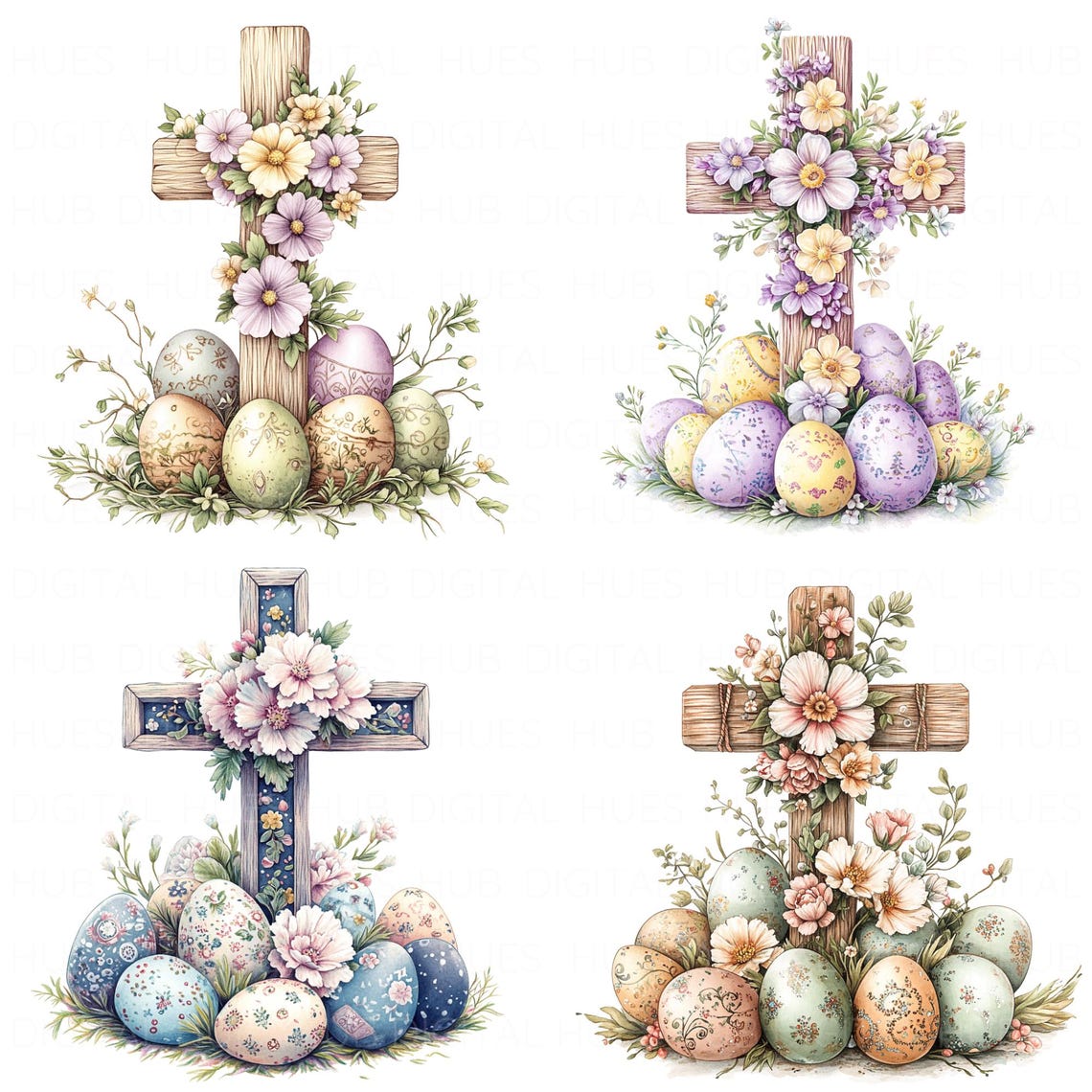 22 Floral Wooden Cross Clipart Watercolor Easter Eggs Crucifix Cross ...