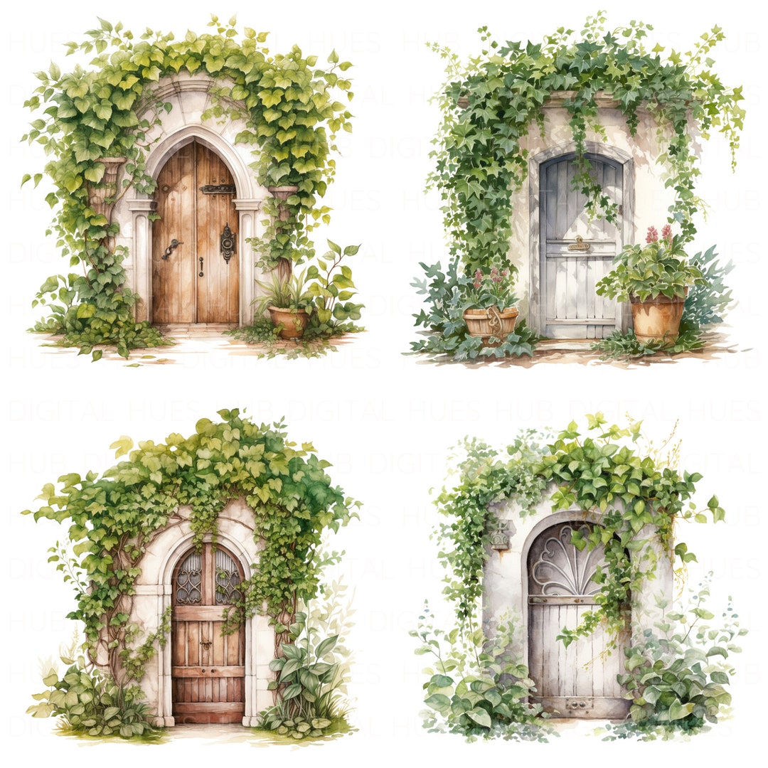 12 Garden Door Clipart Bundle Watercolor Rustic Wooden Door Clipart ...