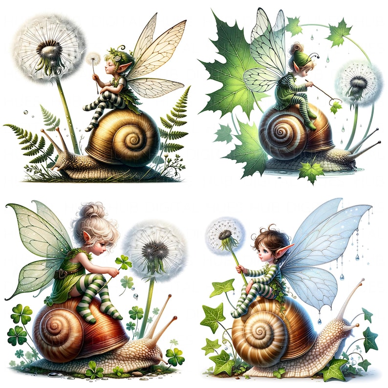 15 Pixie and Snail Clipart Watercolor Quirky Fairy Pixie Printable High ...