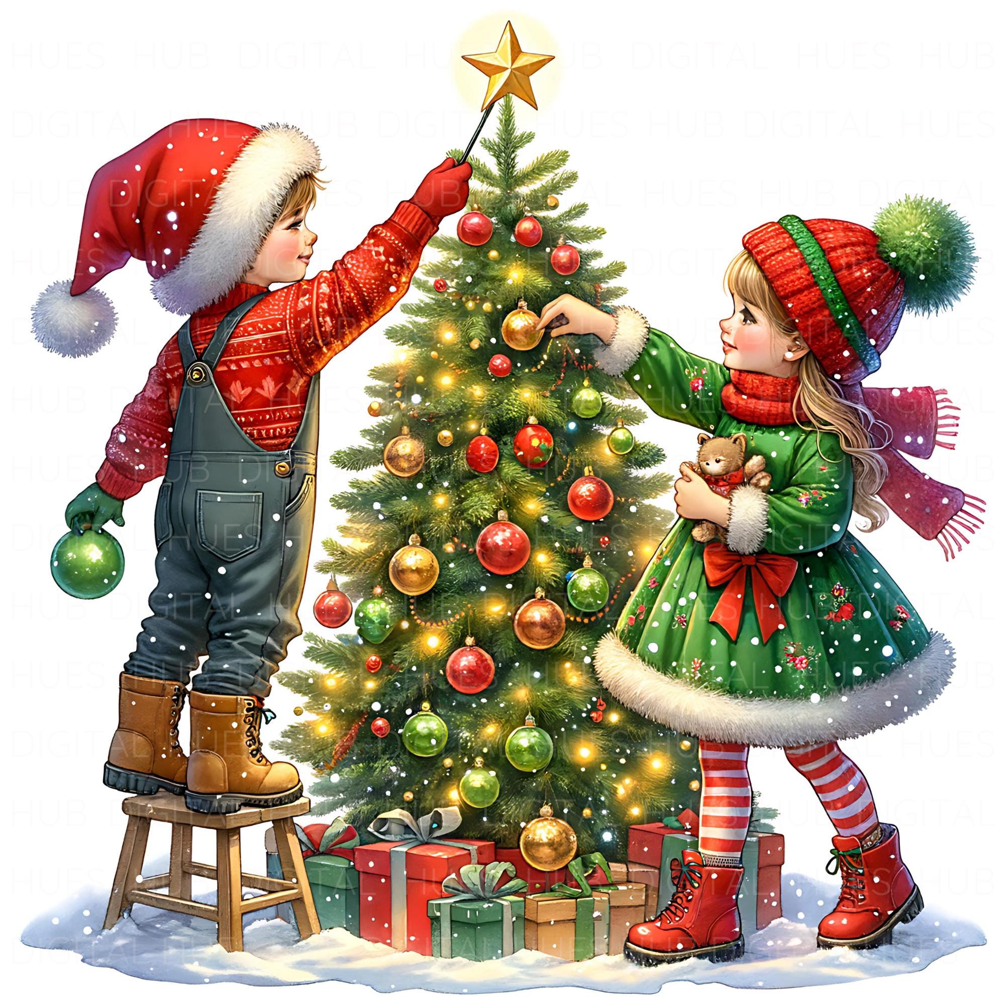 10 Christmas Kids Clipart: Watercolor Cute Children Decorating ...