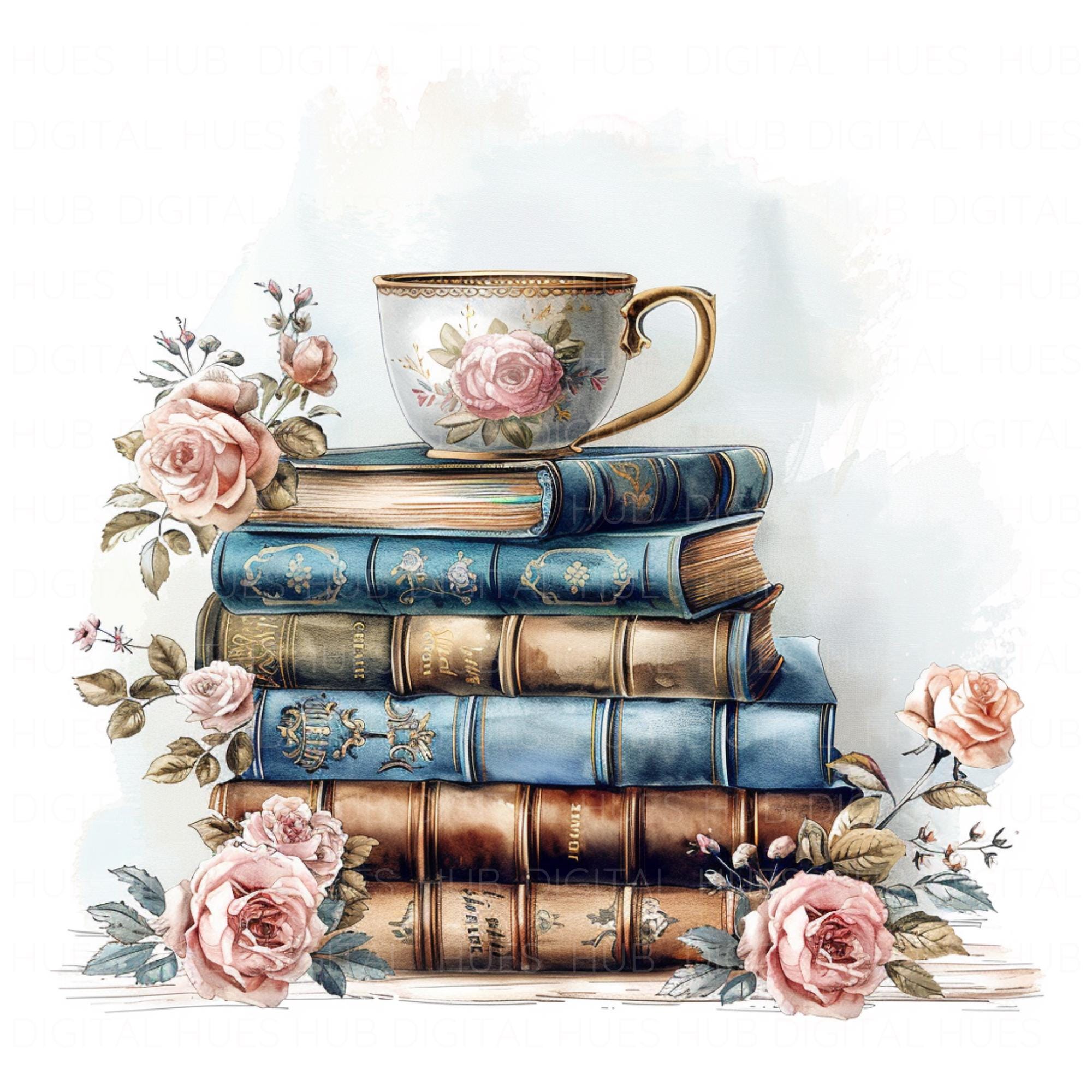 13 Book With Tea Cup Clipart Watercolor Rustic Vintage Book and Coffee ...