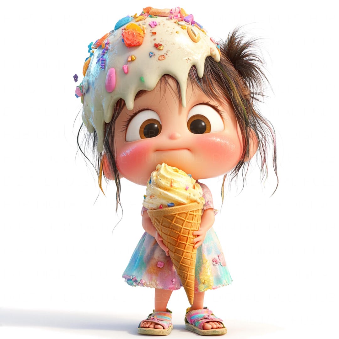 20 Whimsical Girl Ice Cream Clipart Watercolor Cartoon Kids Dessert ...