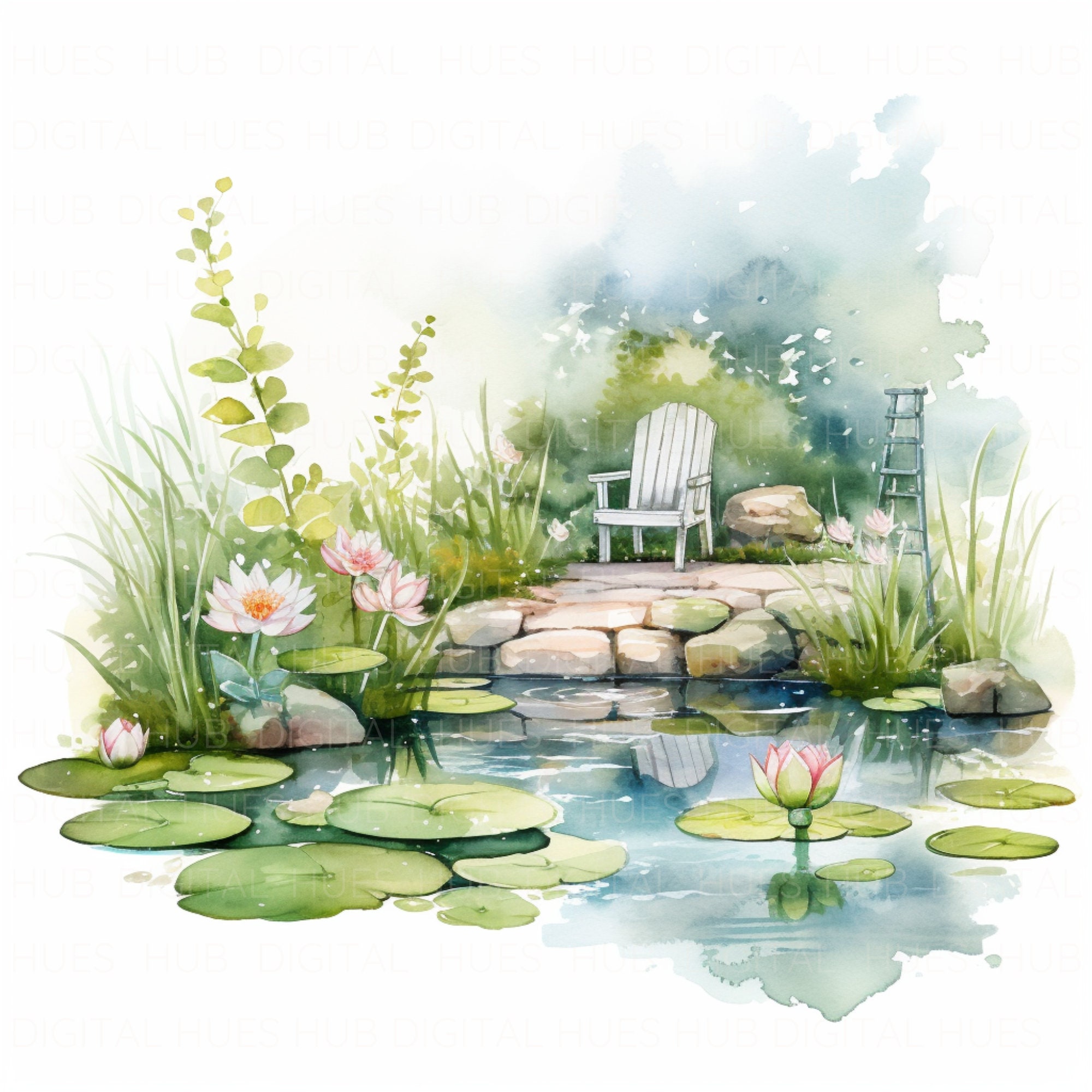 10 Backyard Pond Clipart Bundle Watercolor Garden Lotus Pond Clipart ...