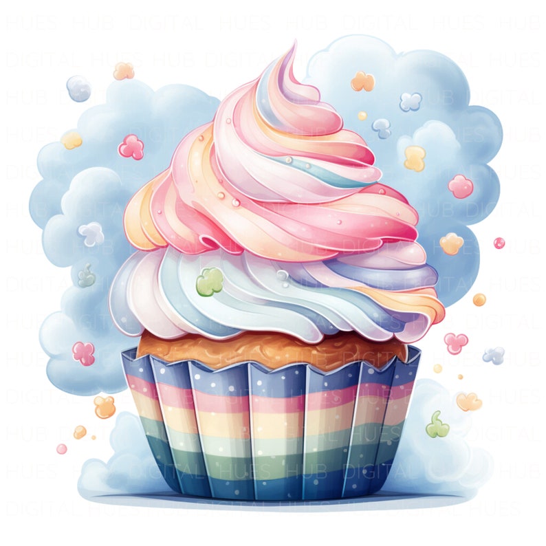 13 Rainbow Cupcake in Clouds Clipart Cupcake Clipart Bundle Printable ...