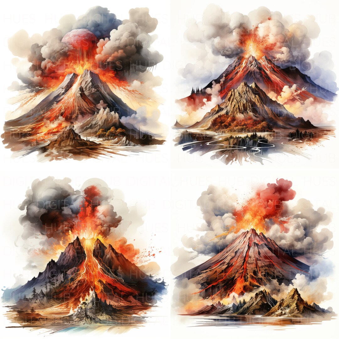 15 Volcano Clipart Bundle Set 2 Watercolor Erupting Volcano Clipart ...