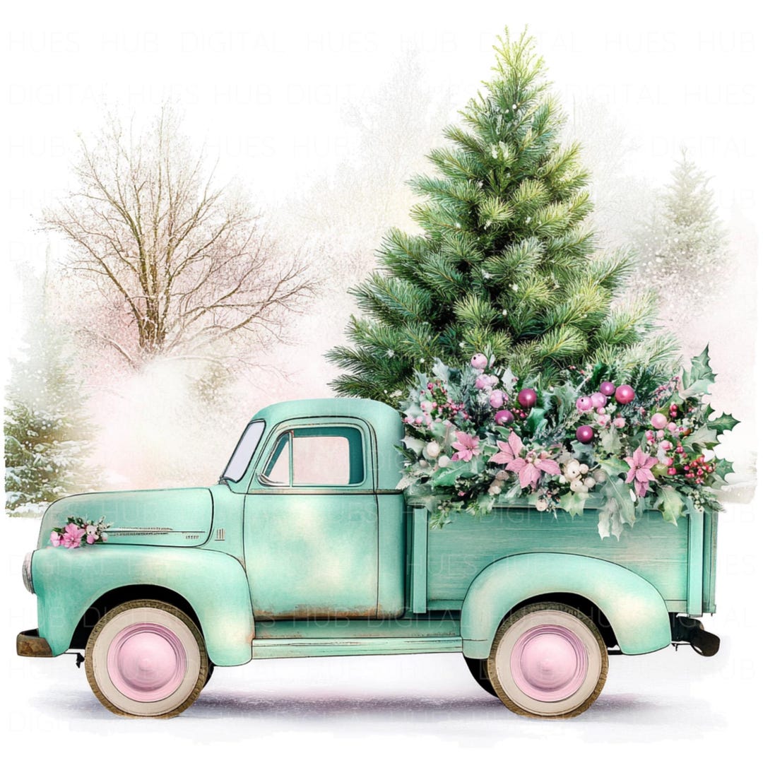 13 Christmas Tree Truck Clipart Watercolor Colorful Holiday Pickup ...