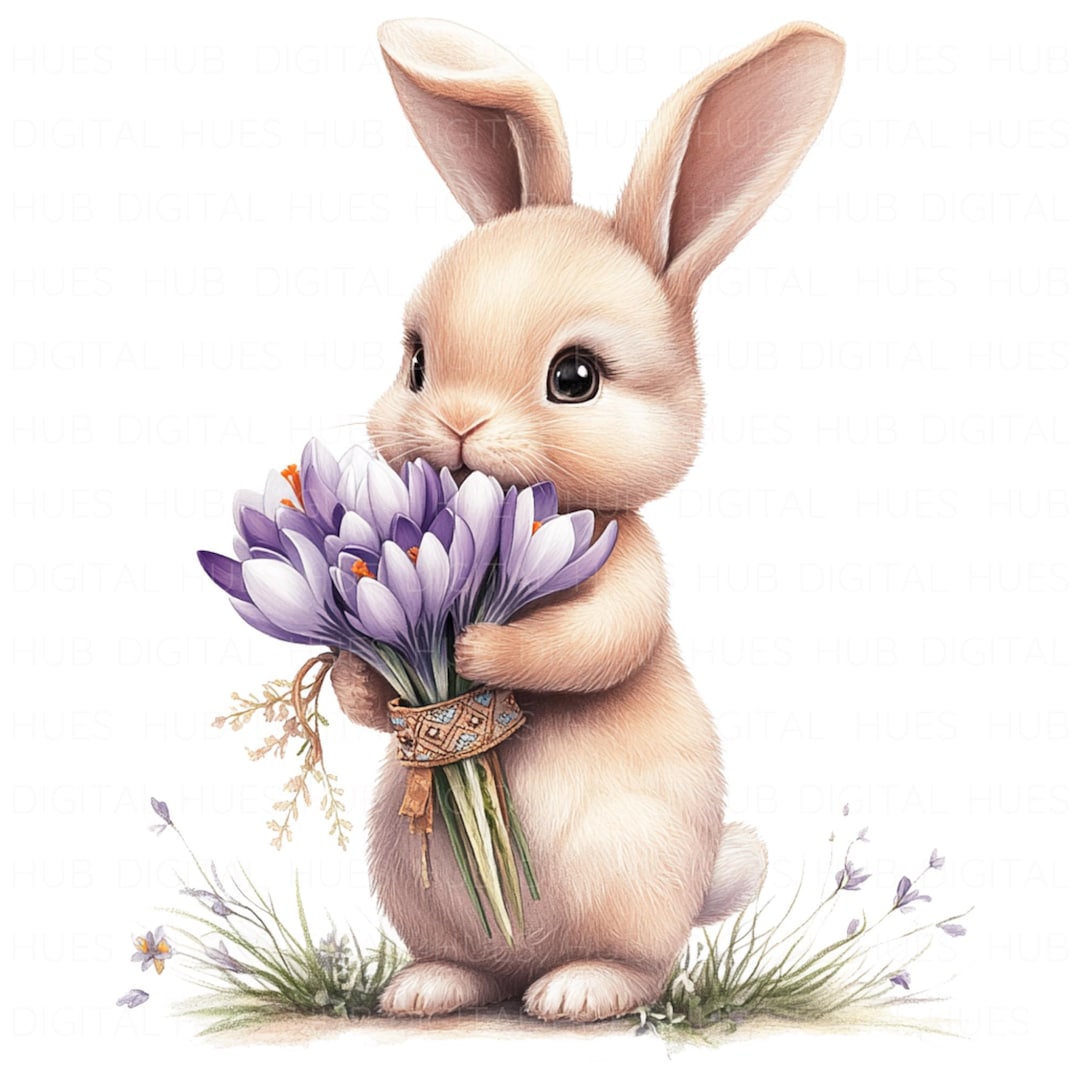 16 Bunny With Spring Flower Bouquet Clipart Watercolor Cute Bunny ...