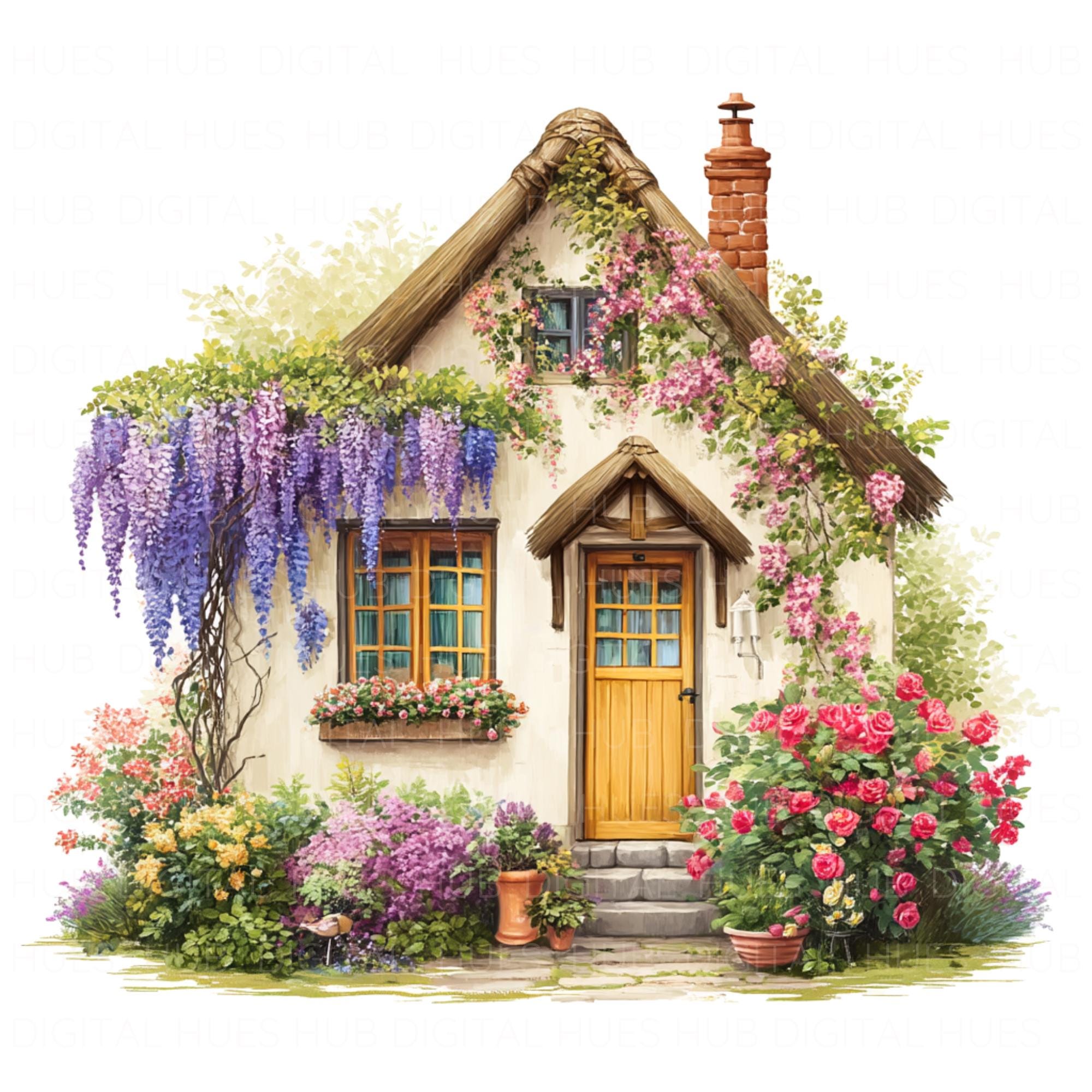 17 Floral Cottage Clipart Watercolor Floral Cottage Garden English ...