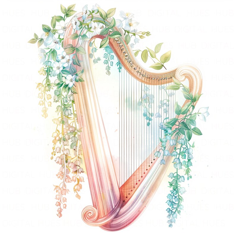 12 Watercolor Floral Harp Clipart Bundle Magic Lyre Printable High ...