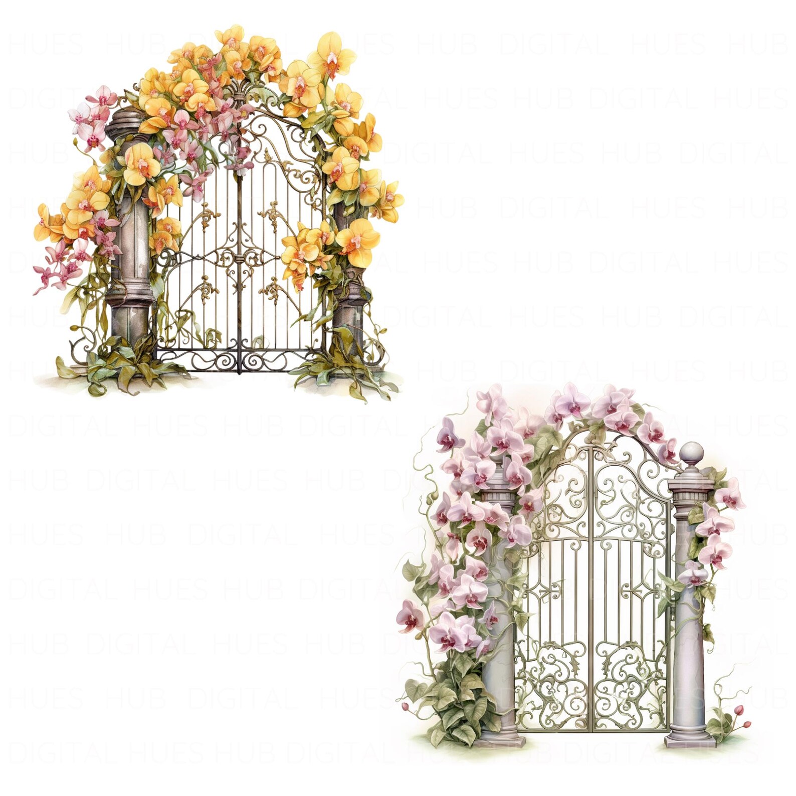 10 Orchid Iron Gate Clipart Bundle Watercolor Floral Rustic Garden Gate ...