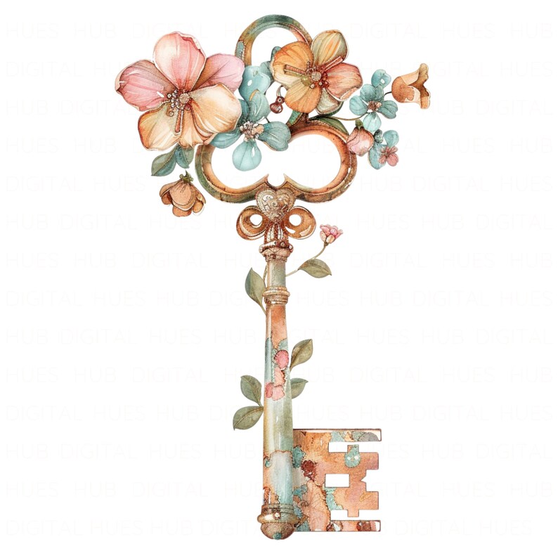 13 Floral Key Clipart Watercolor Fairy Key Art Fantasy Clipart ...