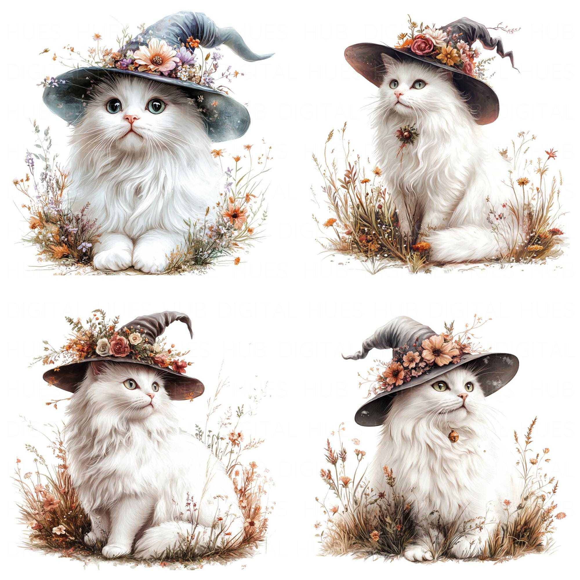 15 Halloween Cat Clipart Watercolor White Cat With Witch Hat Clipart ...