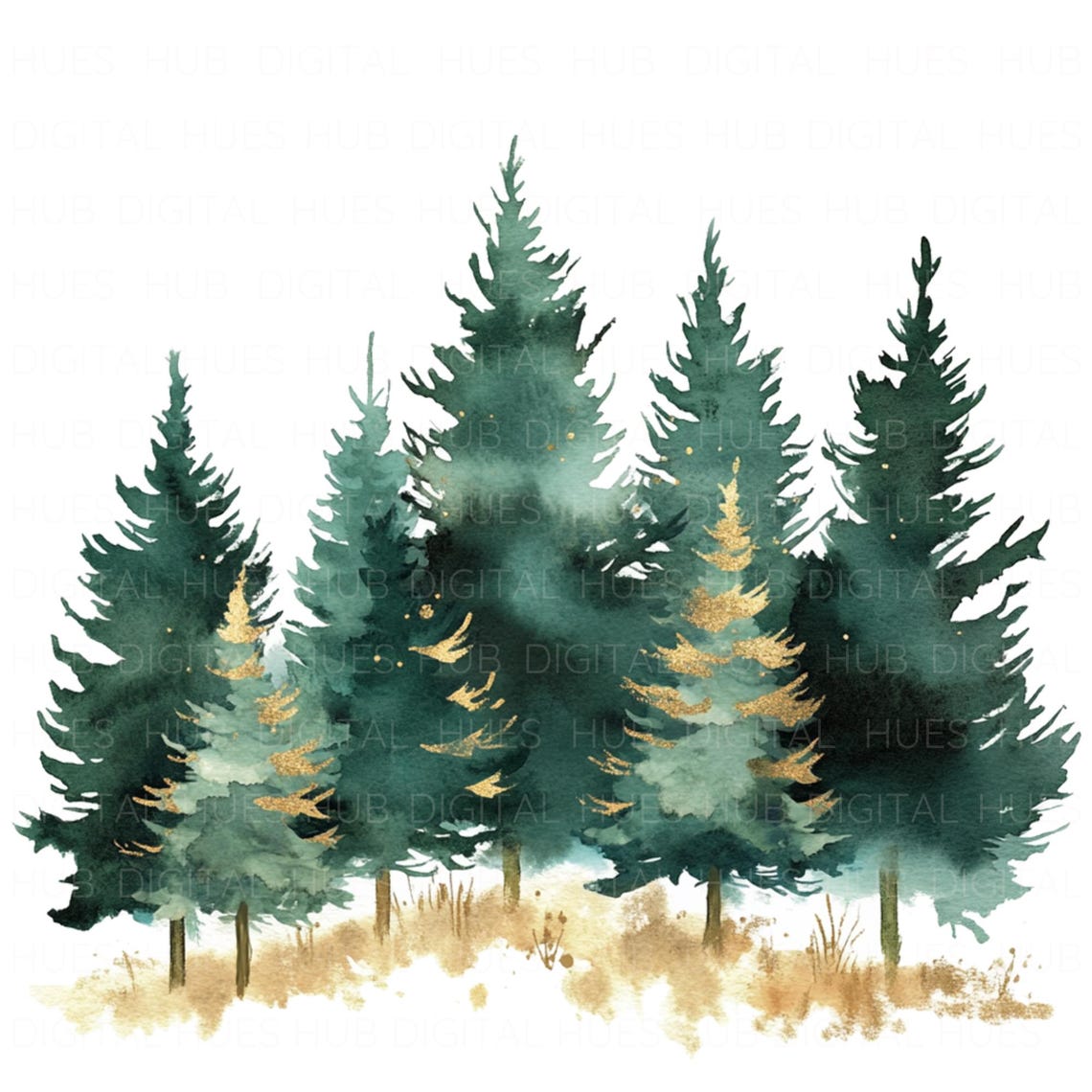 11 Pine Tree Clipart: Watercolor Green & Gold Christmas Tree JPEG ...