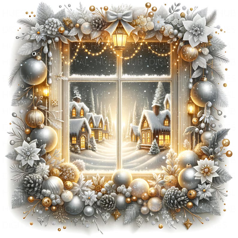 10 Christmas Window Scene Clipart: Watercolor Cozy Winter Village JPEG ...